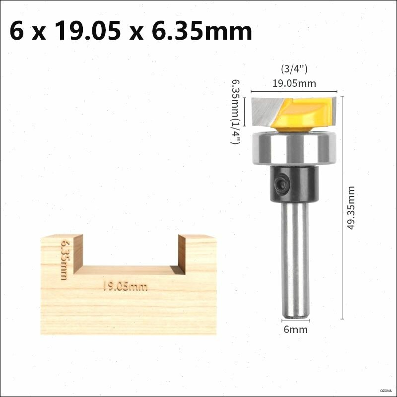 Фреза кромочная прямая для выборки заподлицо с верхним подшипником 19.05 x 6.35 мм, хвостовик 6 мм