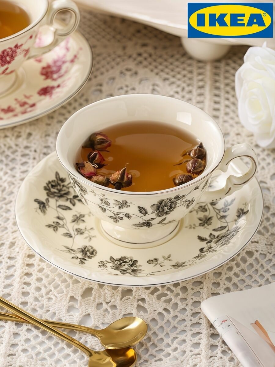 Кофейная/чайная чашка с блюдцем IKEA "керамический цветок", 16,7x6,6 см, серая, 220 мл