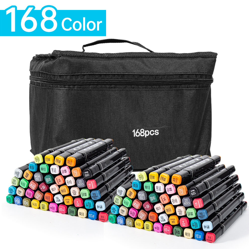 Маркеры 168 цветов Dual Brush Pens с двойными наконечниками: круглый 1мм и угловой 6мм для чертения, рисования, раскраски книг, карт для художников, детей, взрослых, с прозрачным стендом и черной тканевой сумкой