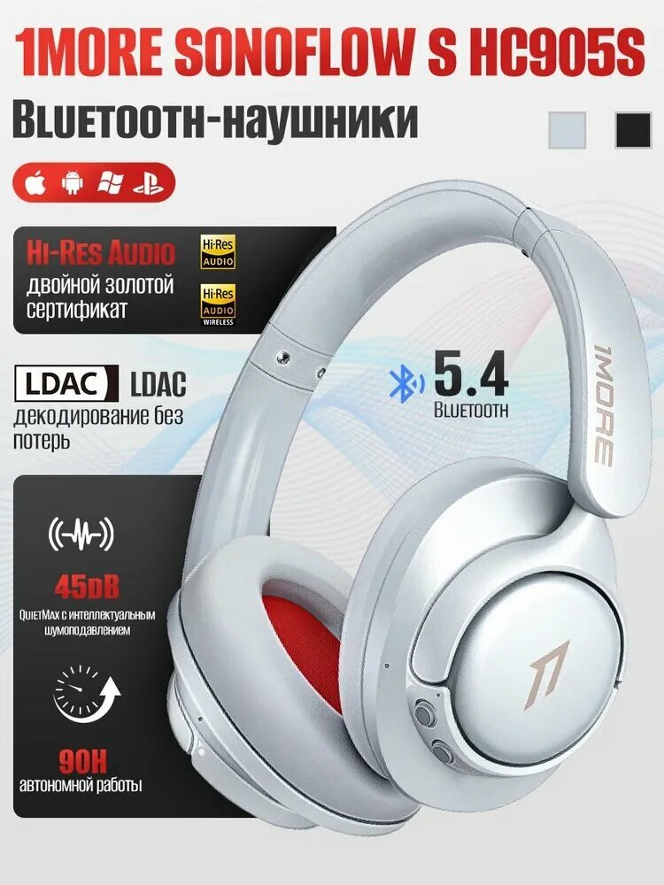 1MORE Наушники беспроводные с микрофоном 1More Sonoflow S HC905S, серебристый