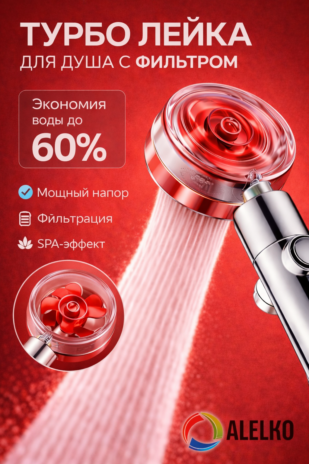 Лейка для душа ALELKO, турболейка с вентилятором и фильтром, душевая насадка массажная, красная