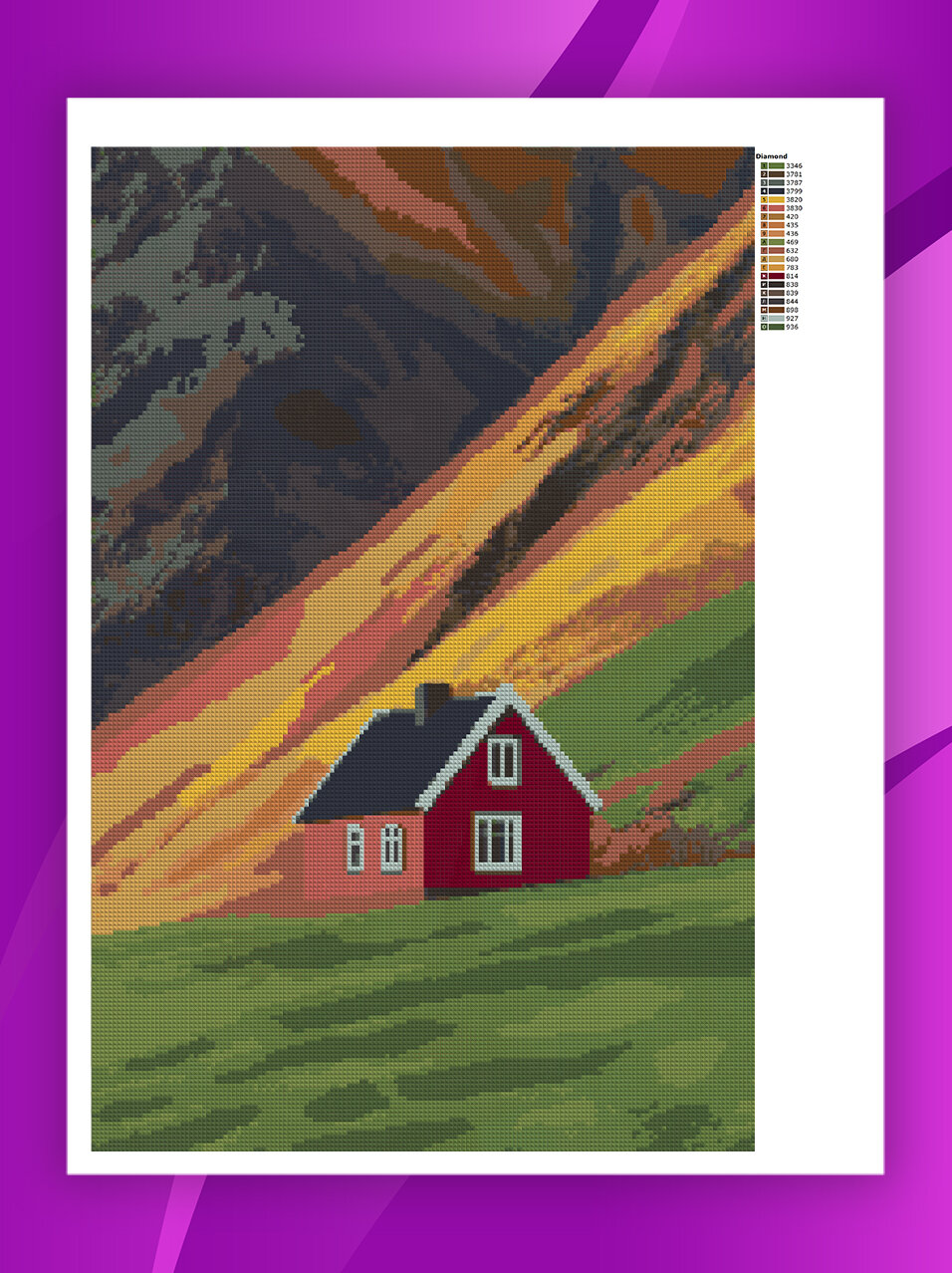 Алмазная мозаика без подрамника - вышивка - Пейзаж с красным домом 40 х 60 см