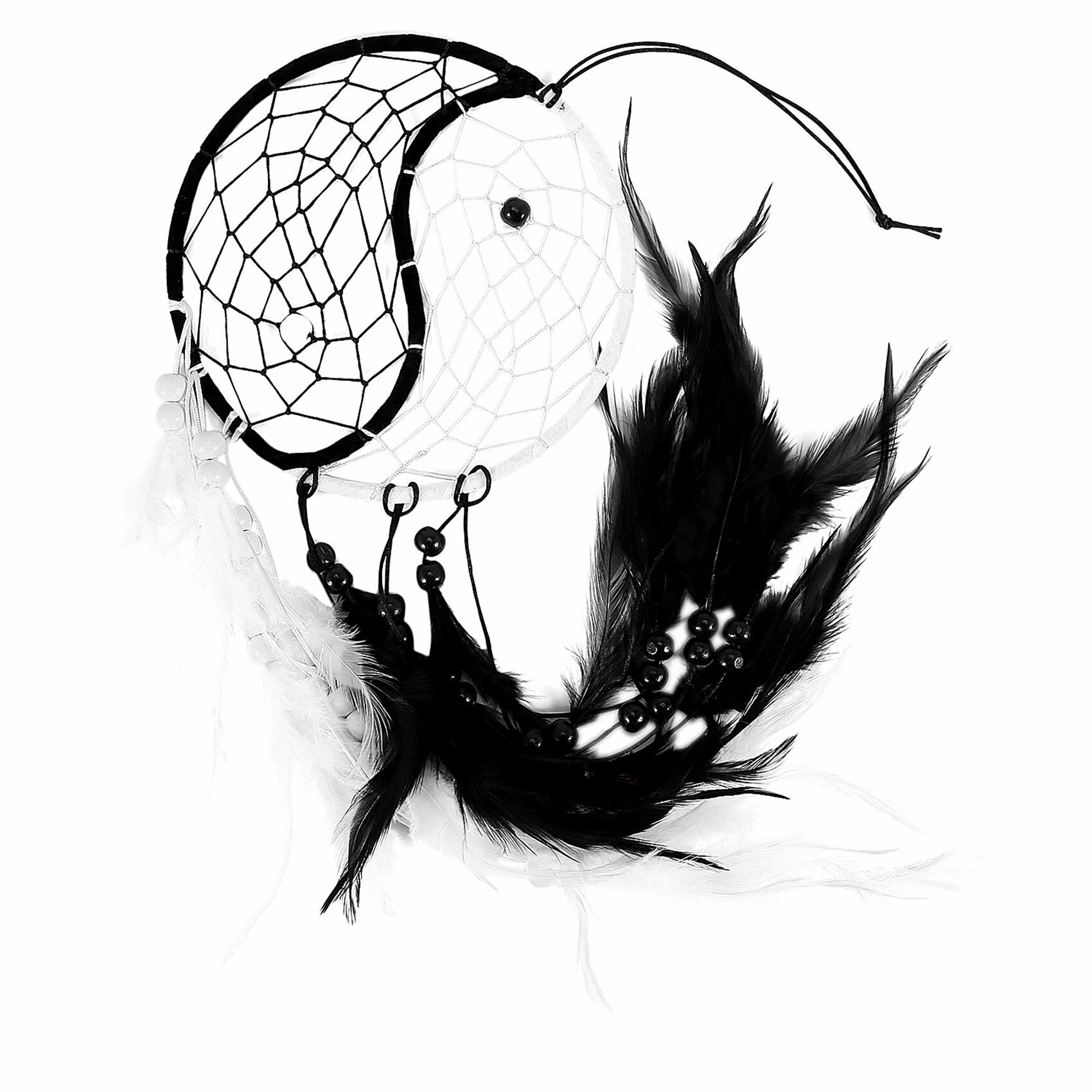 Ловец снов Инь-Ян круглый с перьями, черно-белый