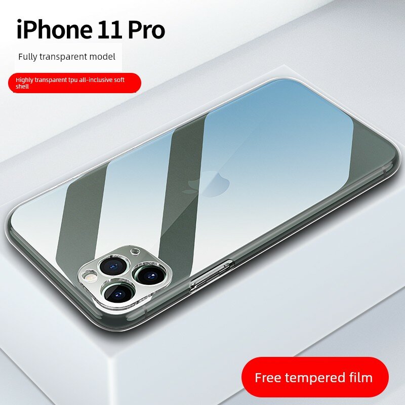 Чехол для iPhone 11 Pro прозрачный силиконовый с полным покрытием объектива и закаленным стеклом для экрана