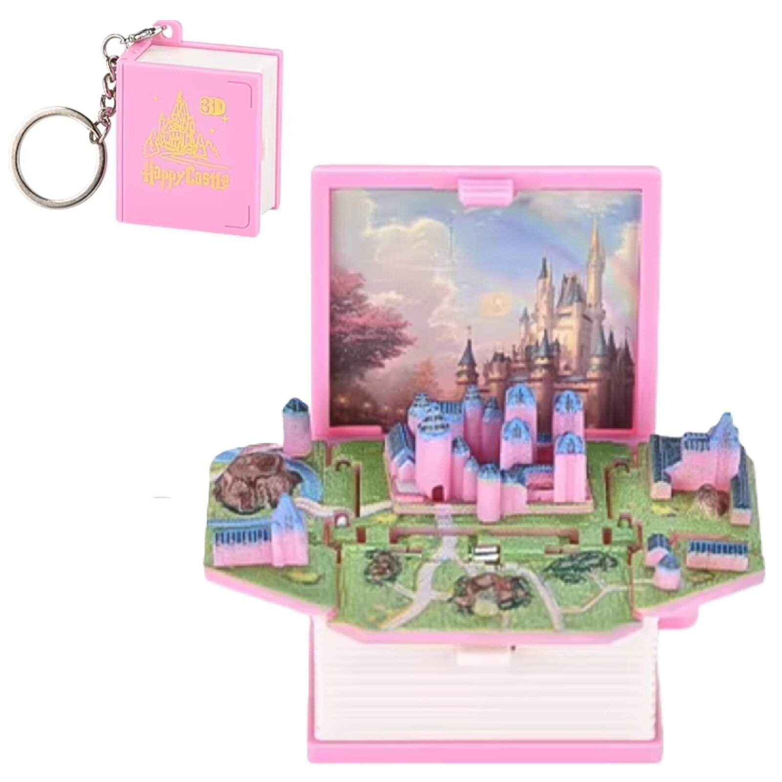 3D Pop-up Keychain Book - Dino Adventure: миниатюрный мир 3D поп-ап книга и ключевой цепочкой, коричневый цвет, развёрнутые размеры около 70мм × 60мм × 50мм, размеры ключевой цепочки сложенные около 40мм × 26мм × 50мм, для возрастов 14 лет и старше, с