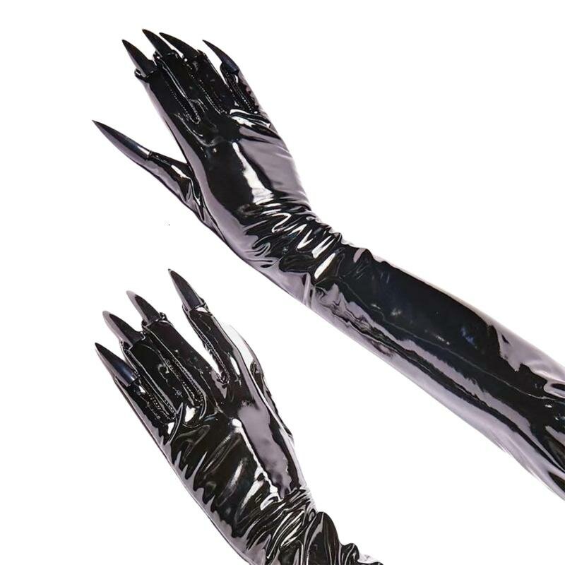 Перчатки с длинными ногтями из лакированной кожи-черный