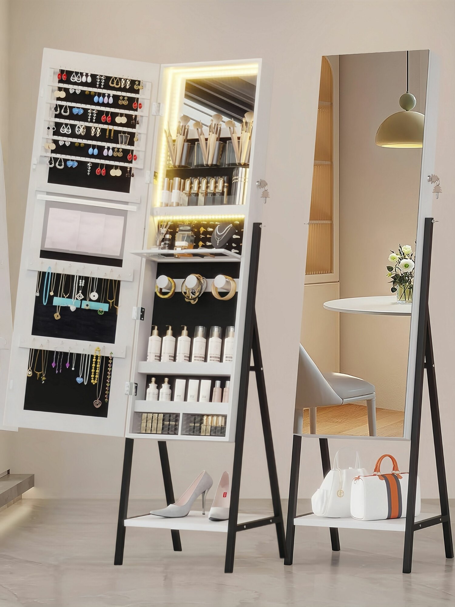 Шкаф-зеркало, для украшений, напольный, LED, белый, прямоугольный, 158х40 см