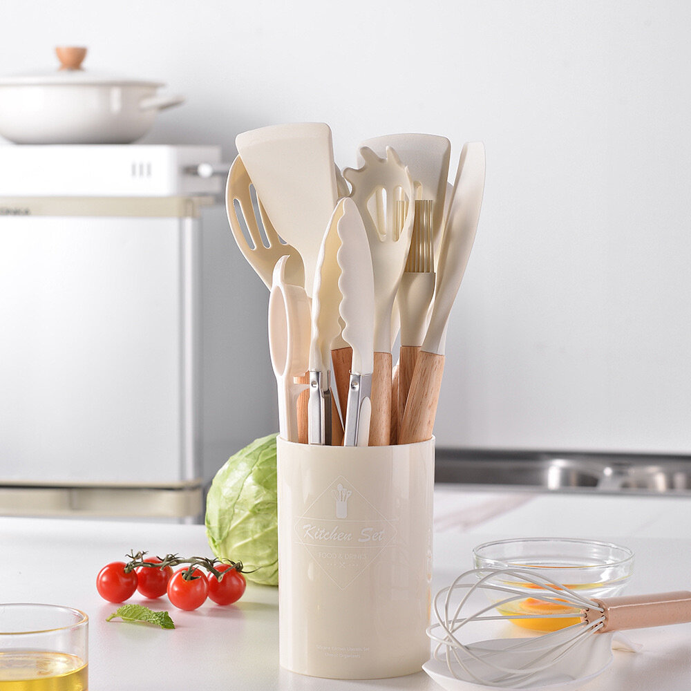 12-предметный набор кухонной утвари из силикона с цветными деревянными ручками, устойчивый к высоким температурам, силиконовая лопатка, скиммер, половник, суповая ложка, набор для жарки