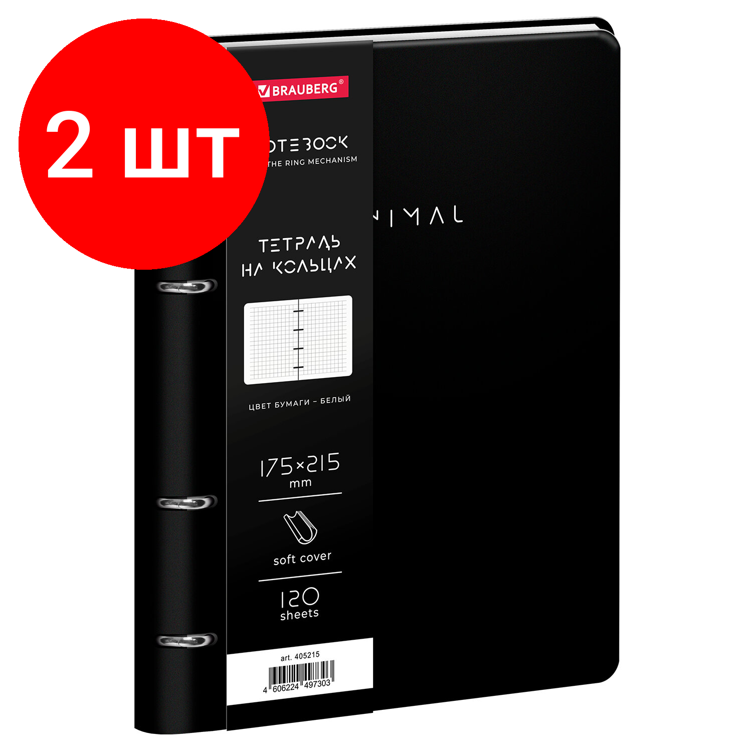 Комплект 2 шт, Тетрадь на кольцах А5 180х220, 120л, под кожу, фольга, резинка, BRAUBERG CLASSIC, Minimal черный, 405215