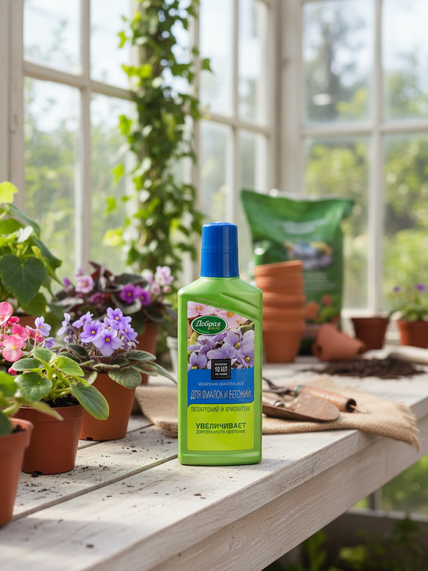 Удобрение для фиалок и бегоний Добрая сила, минеральное комплексное, жидкий стимулятор роста и цветения, 250 мл.