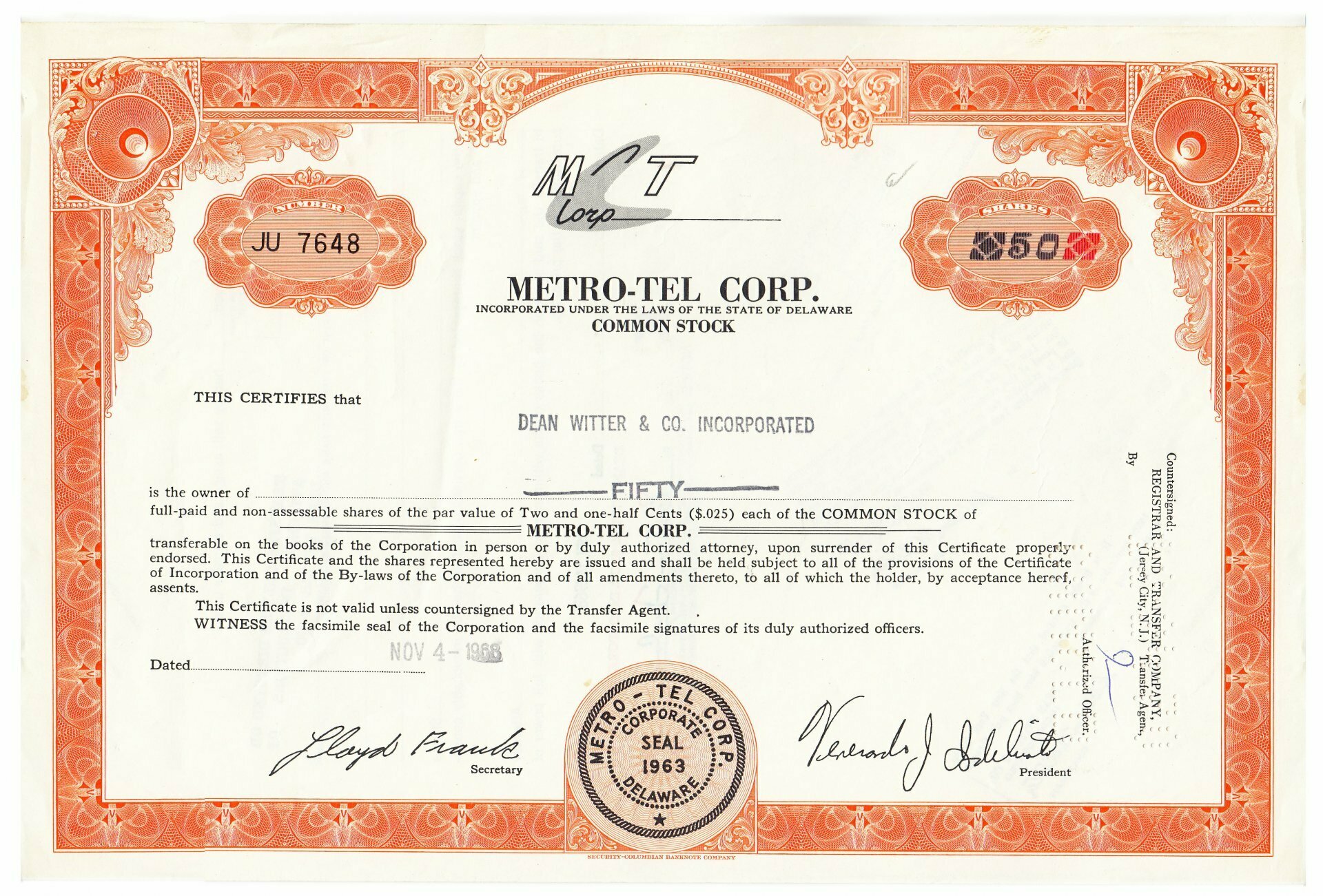 Акция США METRO-TEL CORP 1968 г