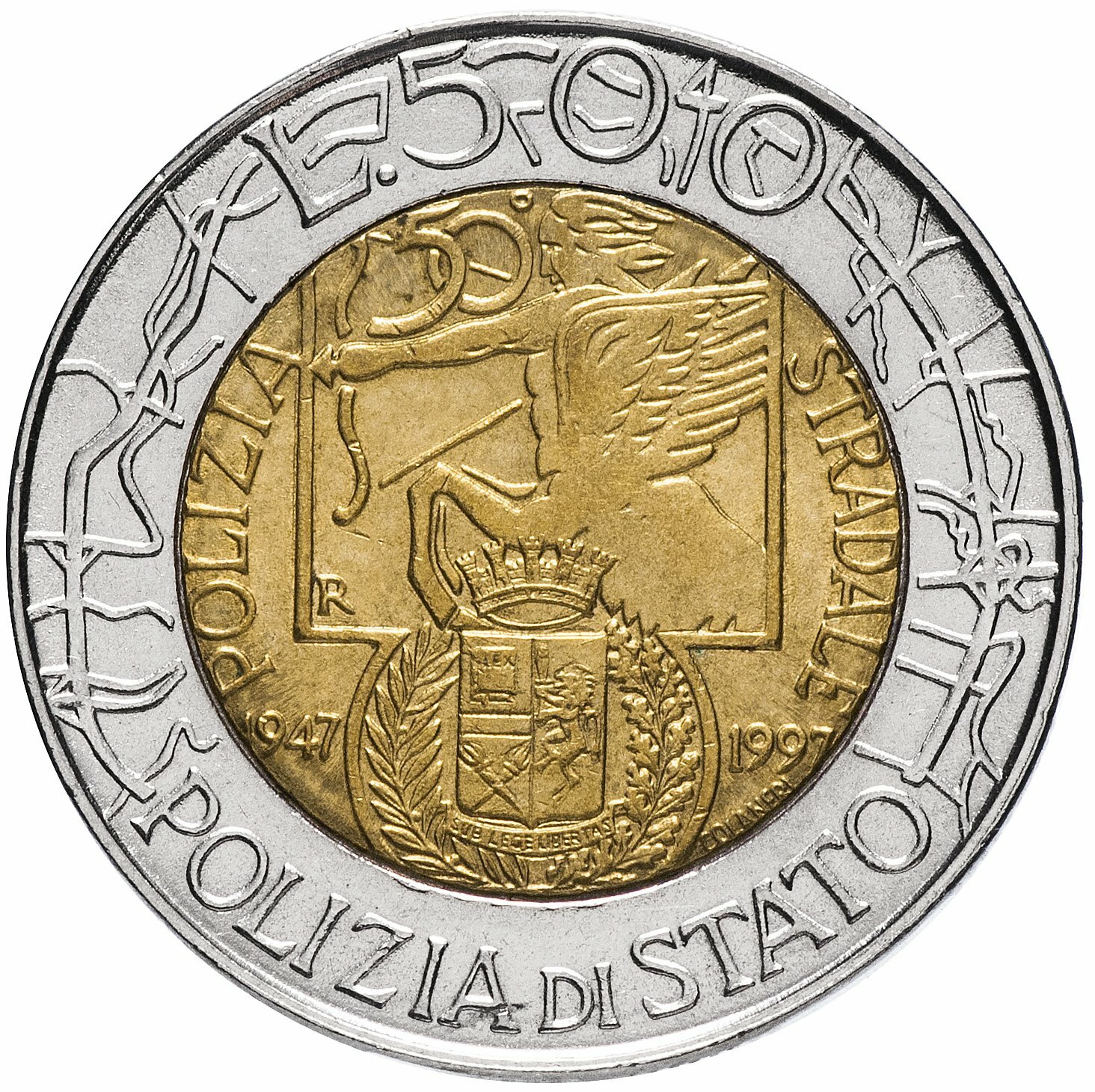 Италия 500 лир 1997 "50 лет дорожной полиции", Биметалл, в сохранности XF-AU