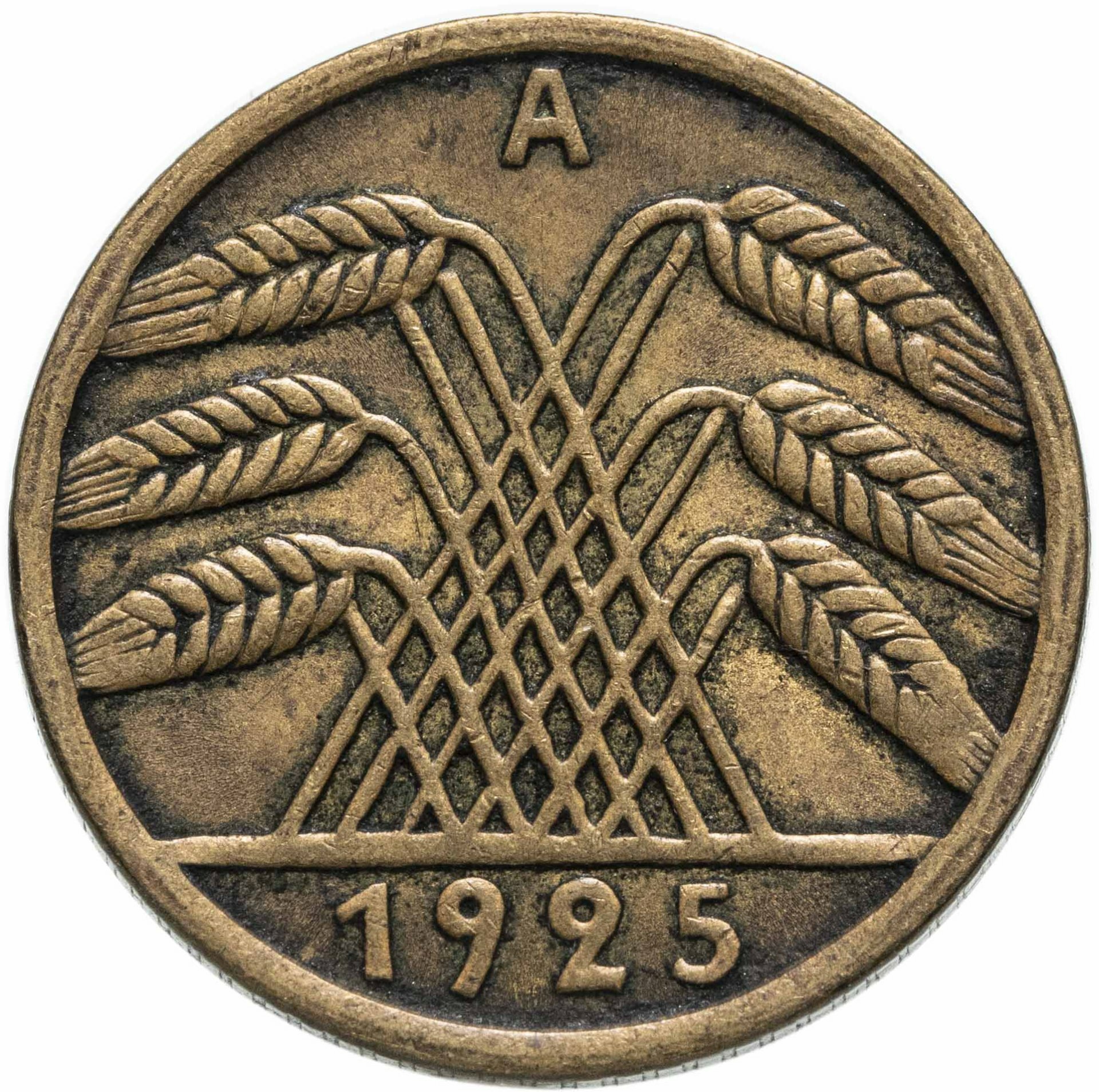 Германия 5 рейхспфеннигов reichspfennig 1925, знак монетного двора "A" — Берлин, Бронза, в сохранности VF-XF