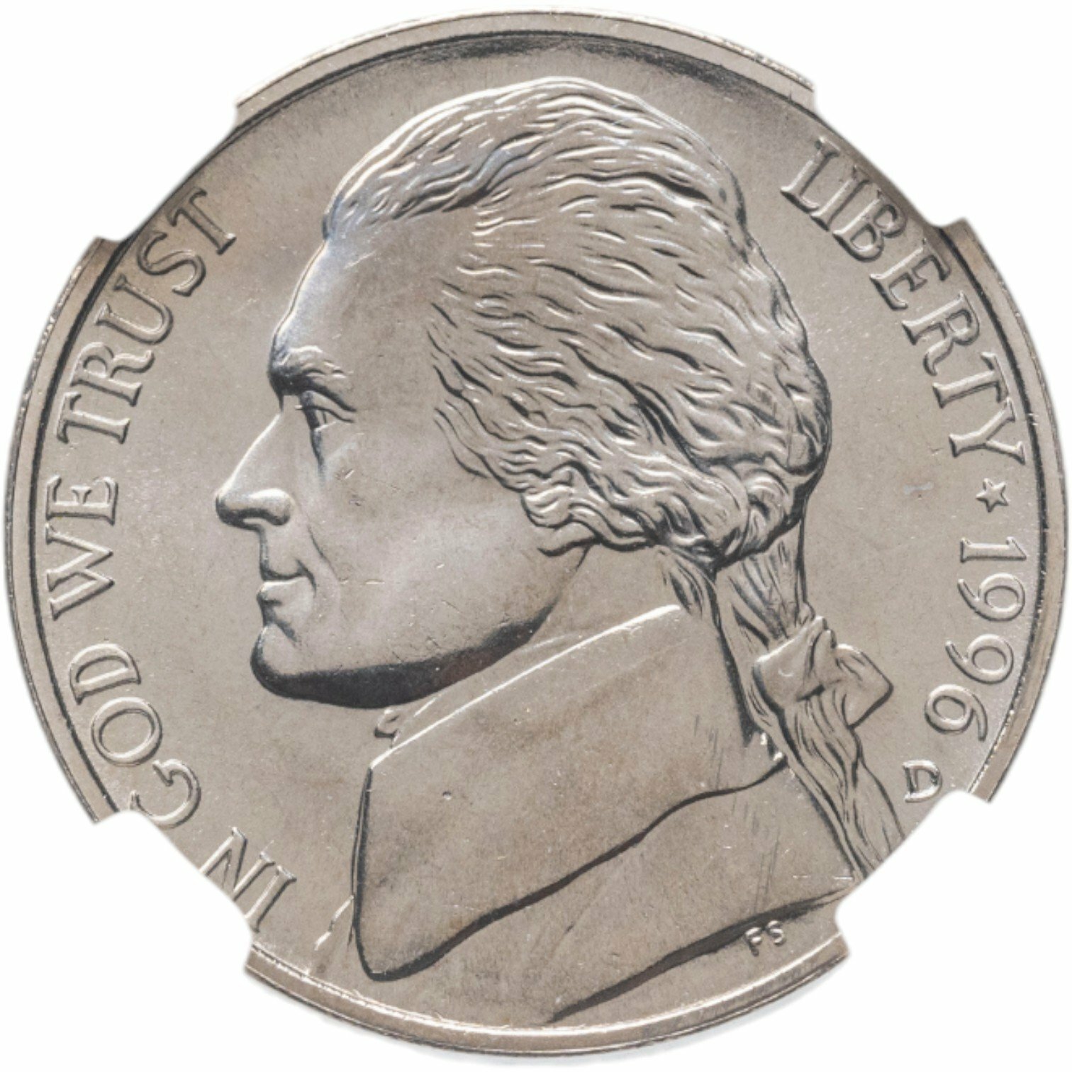 США 5 центов cents 1996 D Jefferson Nickel Джефферсон знак монетного двора "D" - Денвер слабе DNC MS66, Мельхиор медь-никель