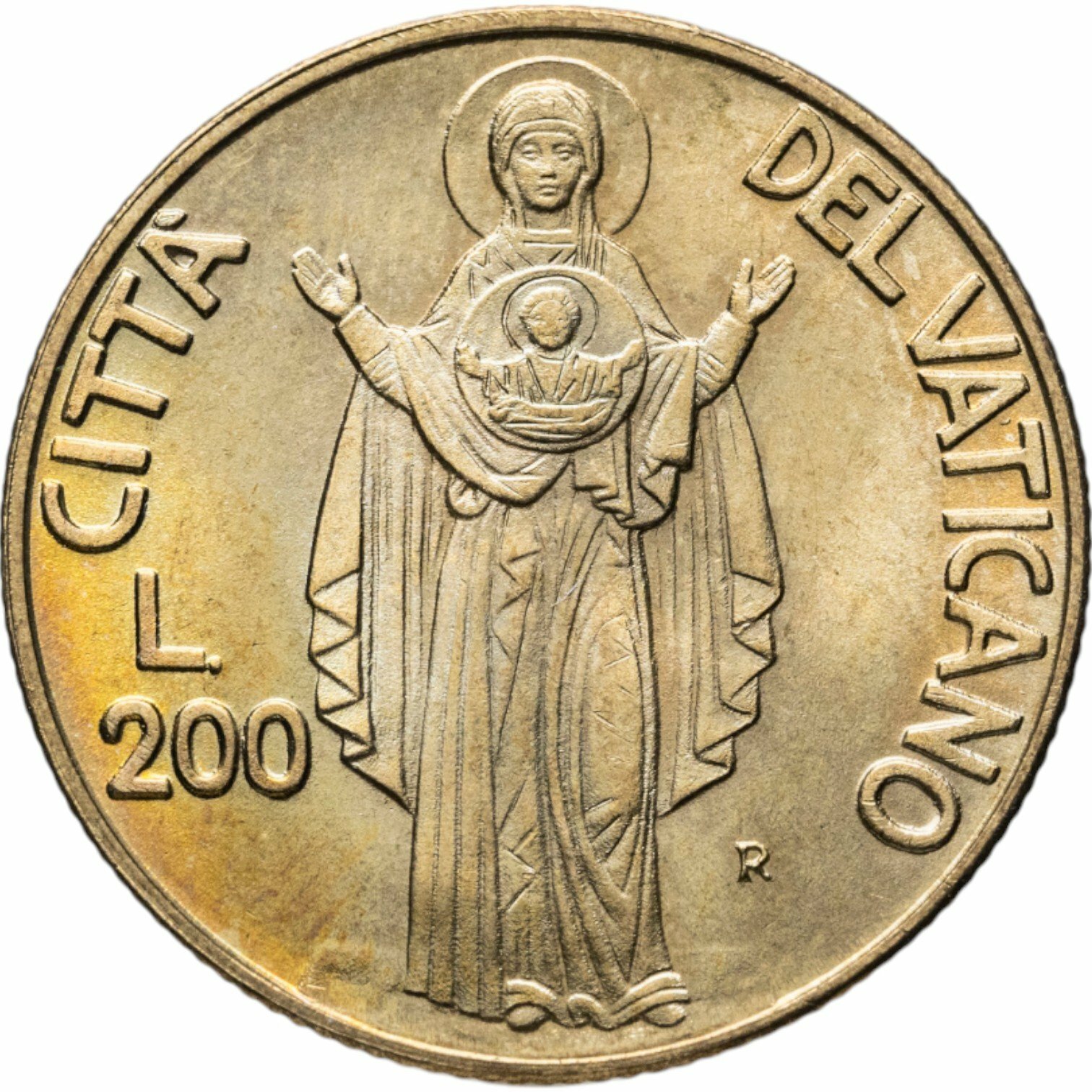 Ватикан 200 лир 1990 "Пресвятая Дева", Алюминиевая бронза, в сохранности UNC