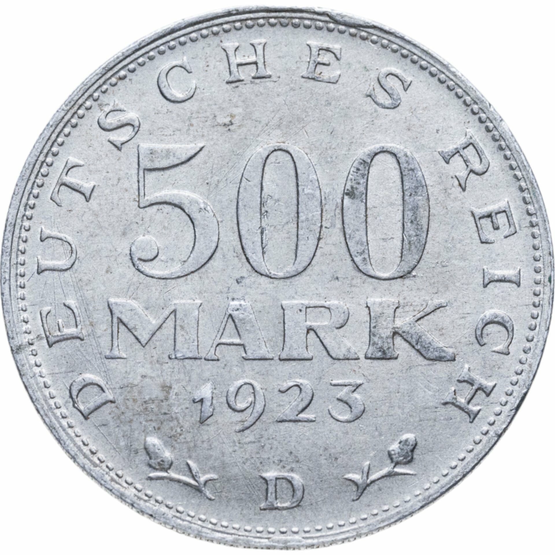 Германия 500 марок mark 1923, знак монетного двора "D", Алюминий, в сохранности UNC