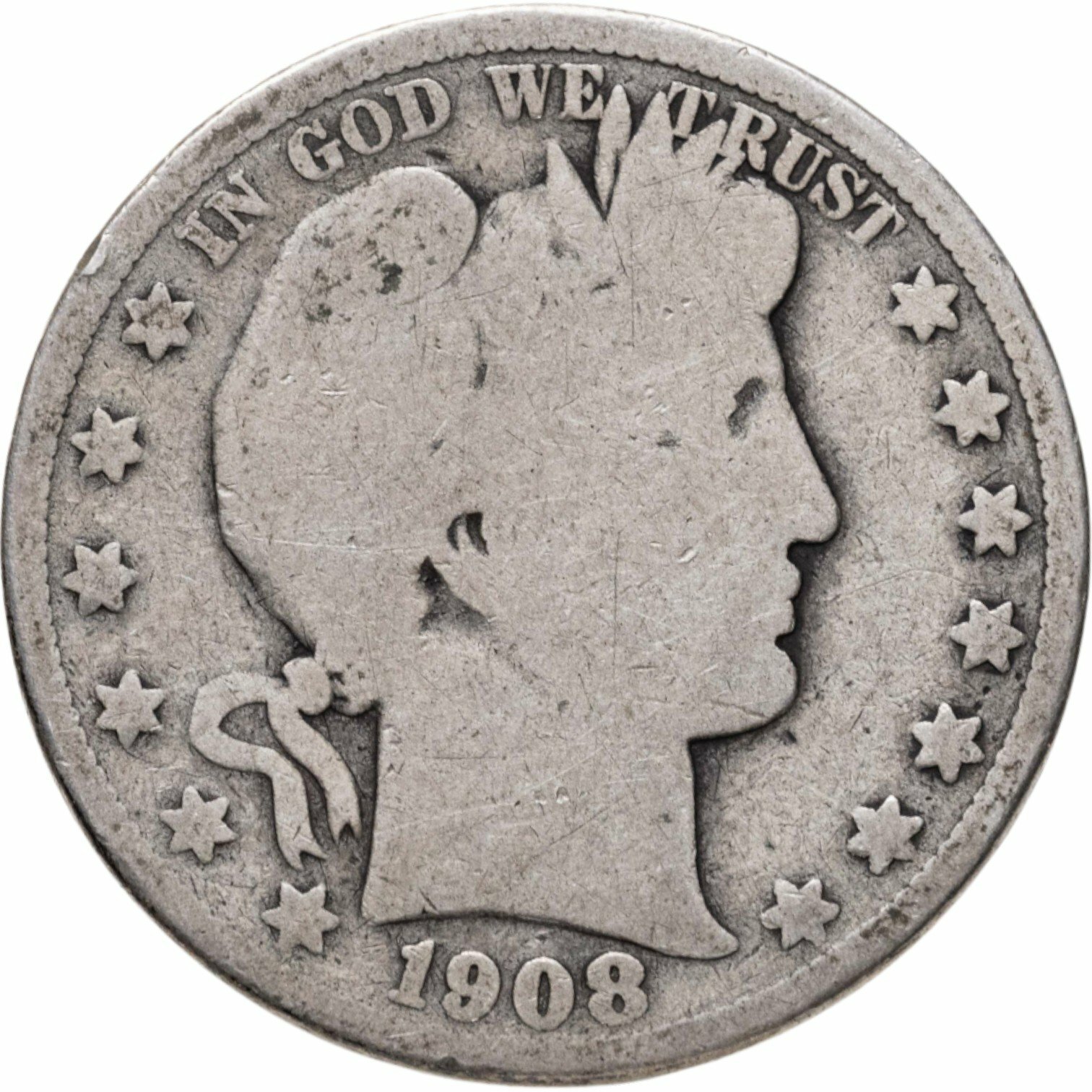 США 50 центов 1/2 доллара, half dollar 1908 S Барбера знак монетного двора: "S" - Сан-Франциско, Серебро 900, в сохранности F