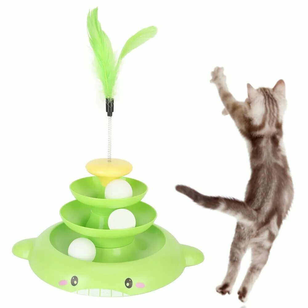 Игрушка Cat Ball Tower, 3 уровня, съемная дорожка для домашних животных, интерактивная игрушка с дразнящими перьями для упражнений для котят, зеленая