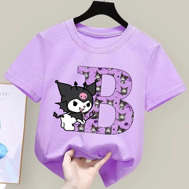 Детская футболка Sanrio Kuromi с милым мультяшным принтом в виде букв AZ и аниме, модная одежда для девочек, топы из хлопка с короткими рукавами для малышей, Размер:130