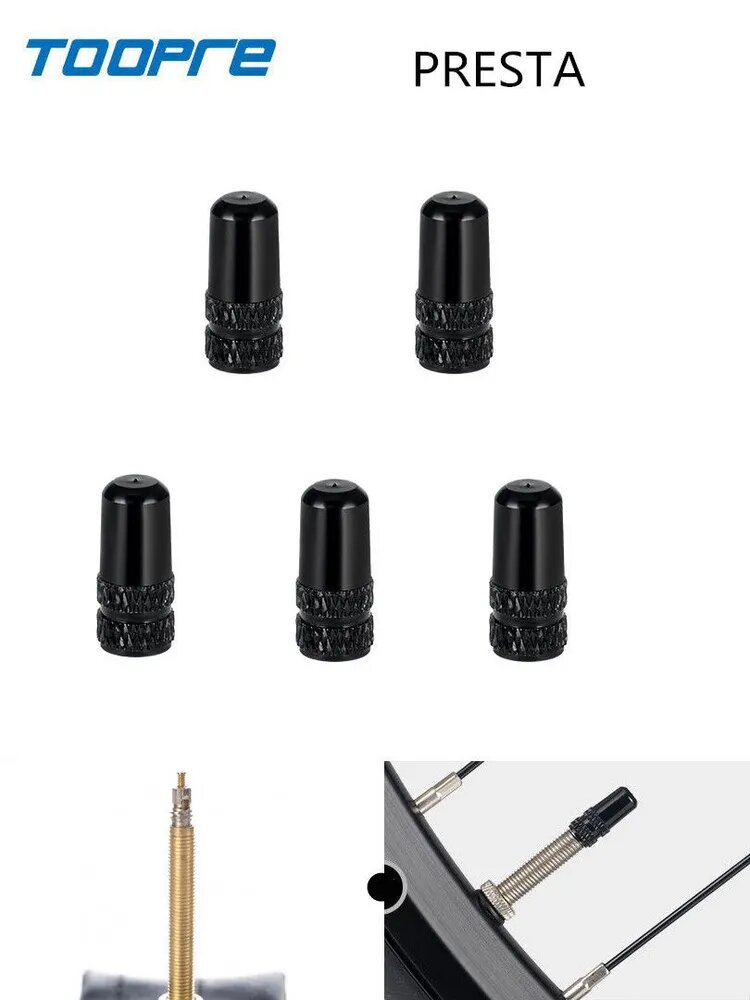 Колпачки на велониппель TOOPRE алюминиевые комплект 5 шт, PRESTA, Черный