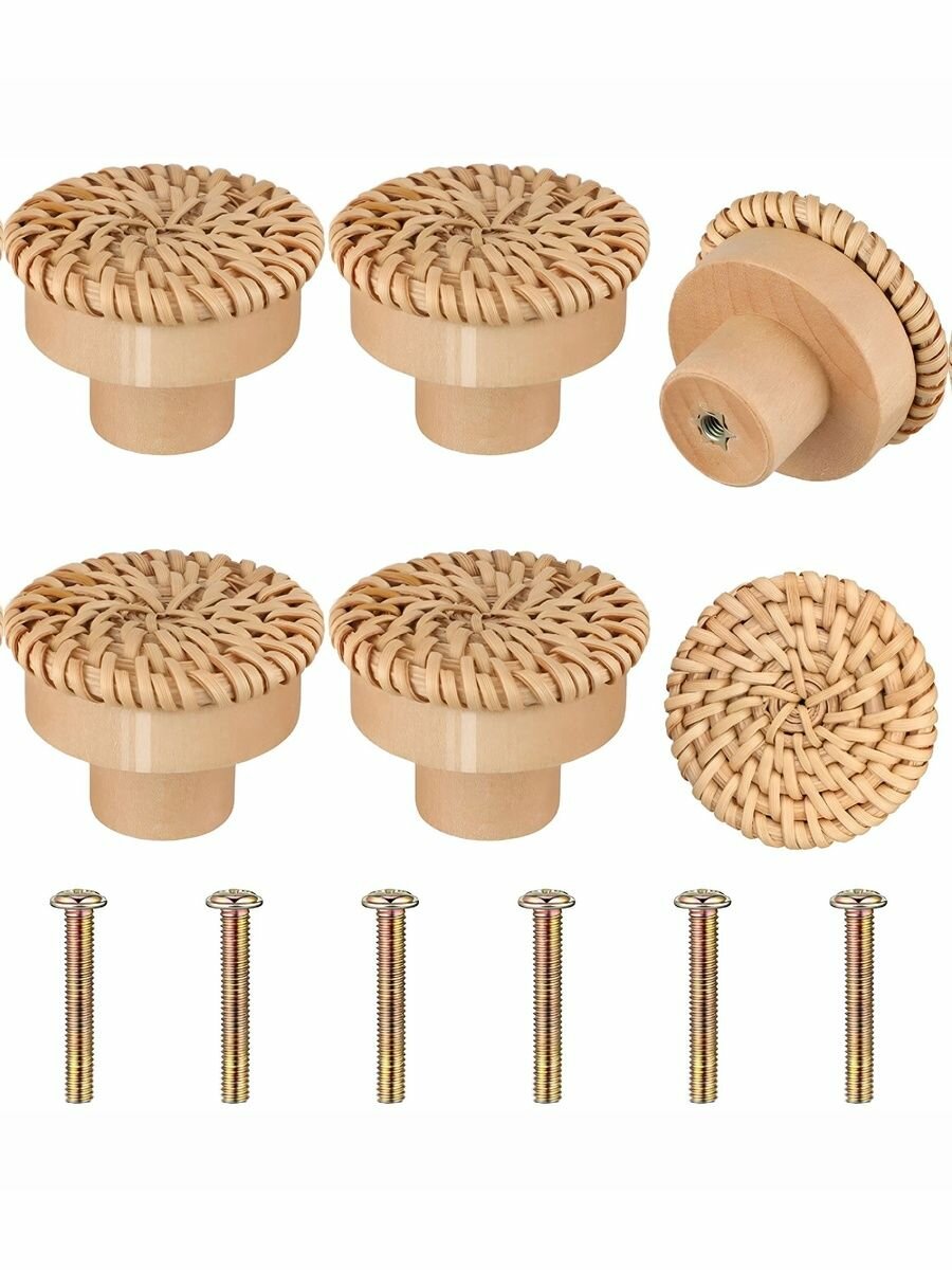 LAMIRO 6 шт. Резные ручки для ящиков из ротанга, деревянные кнопки для комодов, ручки с декоративным плетением, с 6 шурупами