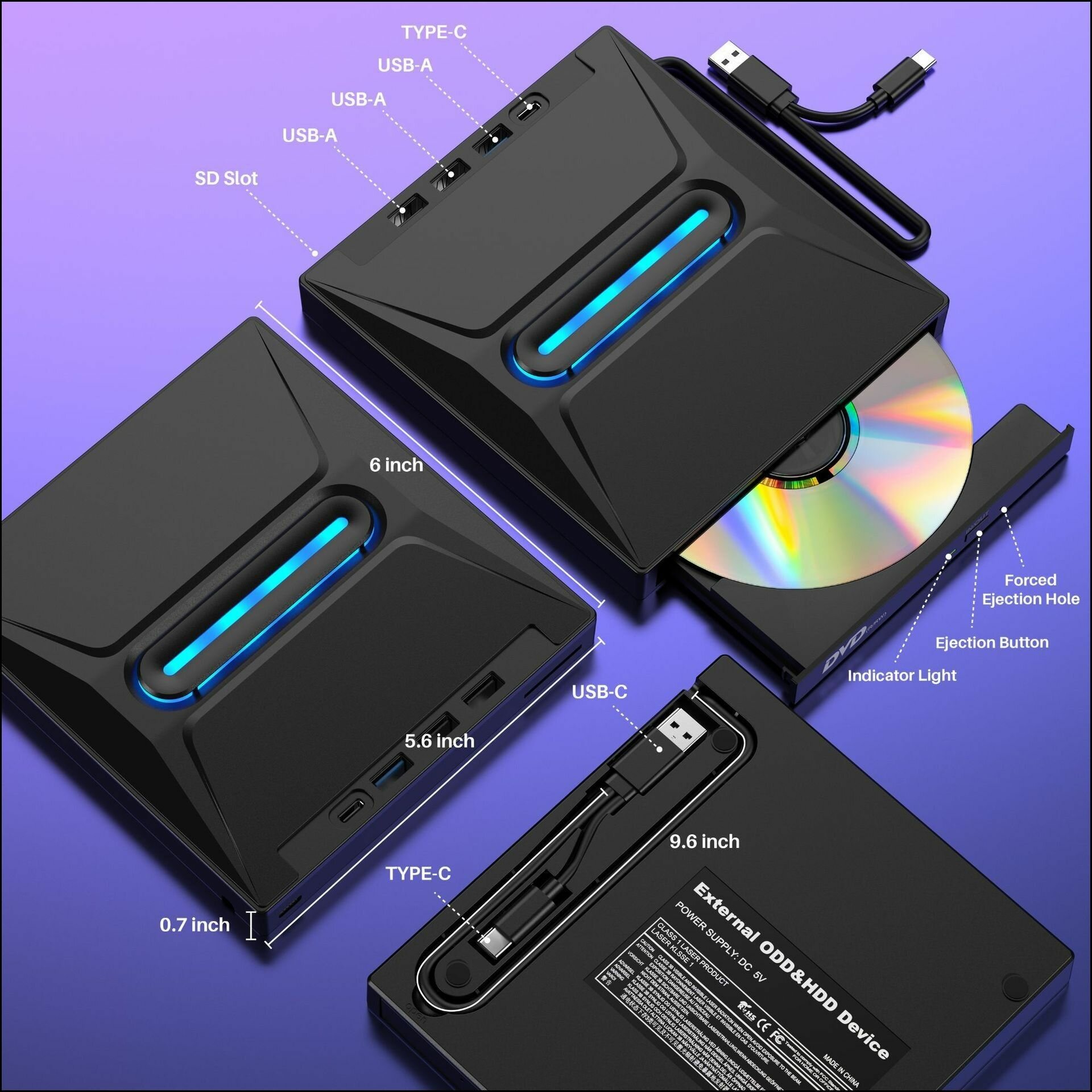 Многофункциональный CD/DVD-привод, проигрыватель USB 3.0, портативный проигрыватель для ПК и ноутбуков, совместимый с Windows 11/10/8/ 7Linux Mac OS, светодиодная подсветка, черный