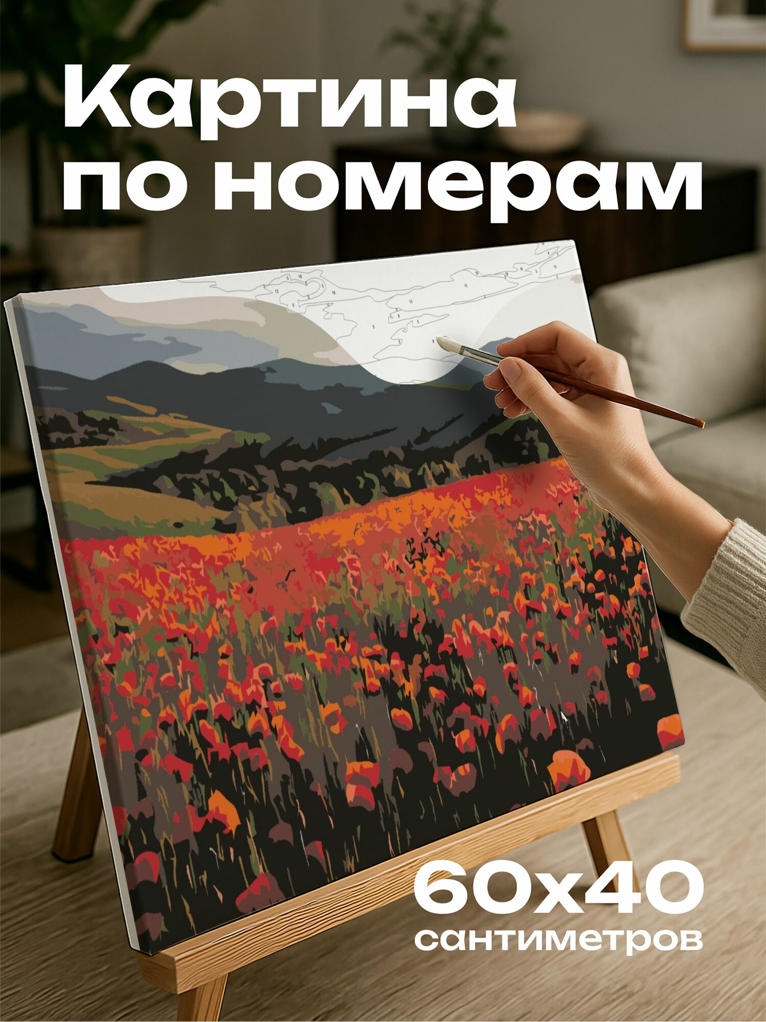 Картина по номерам 60x40 см, Маковое поле, цветы, лепестки, холмы, небо, природа, фотография, высокое разрешение