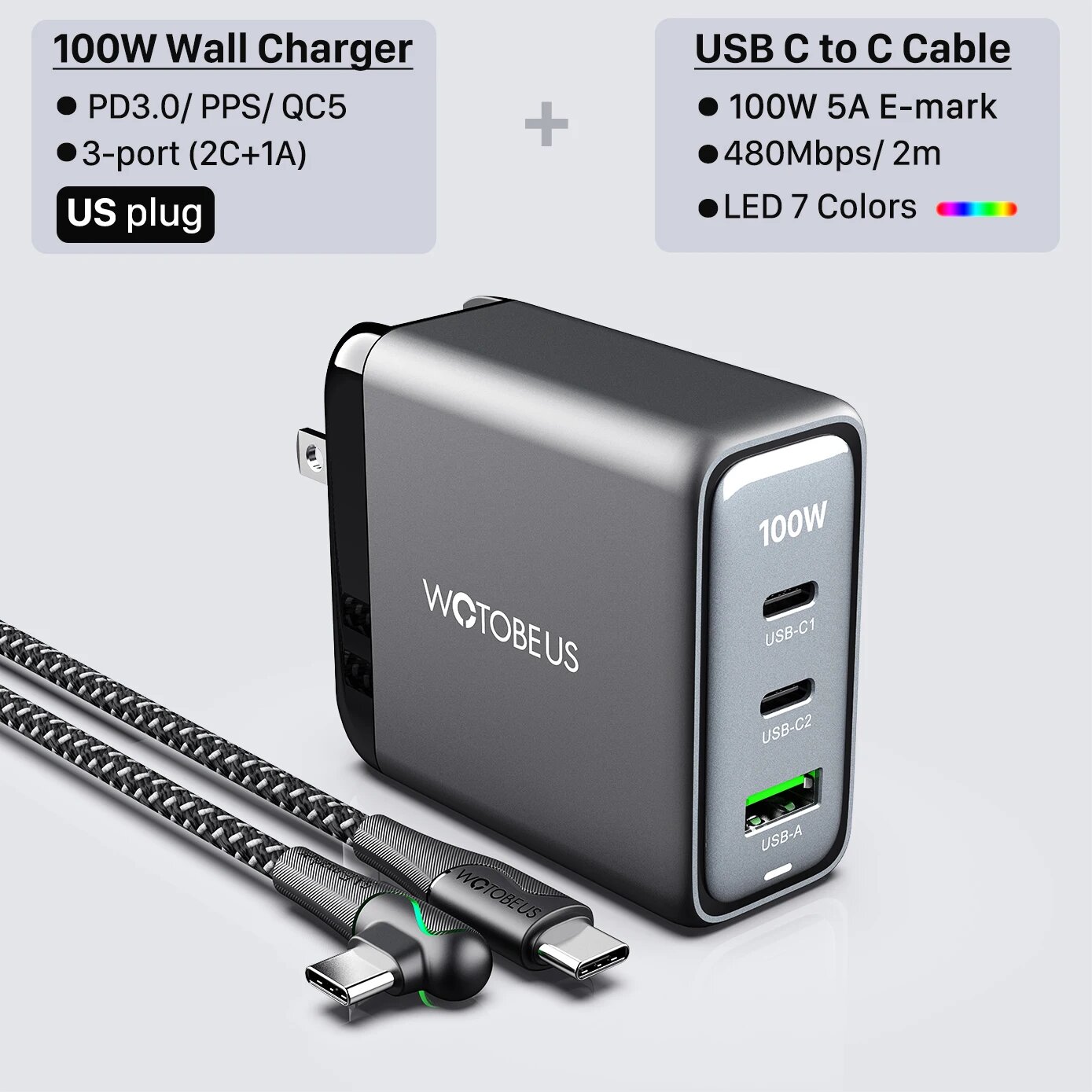 Набор: 100W GaN зарядное USB-C + кабель USB C to C 2м, US