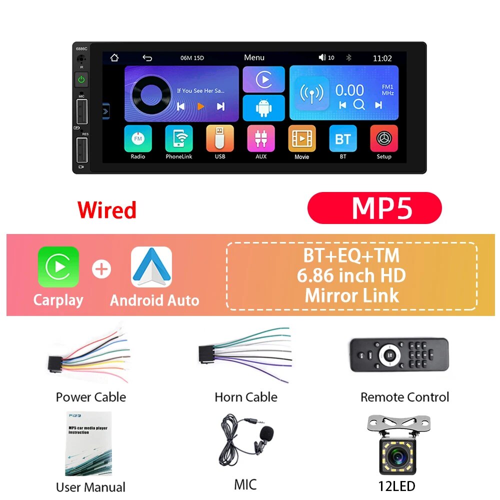 Автомагнитола Podofo 1 Din, Android, Carplay, MP5/2 + 64 ГБ, Bluetooth, 6,86 дюйма Wired carplay CAM