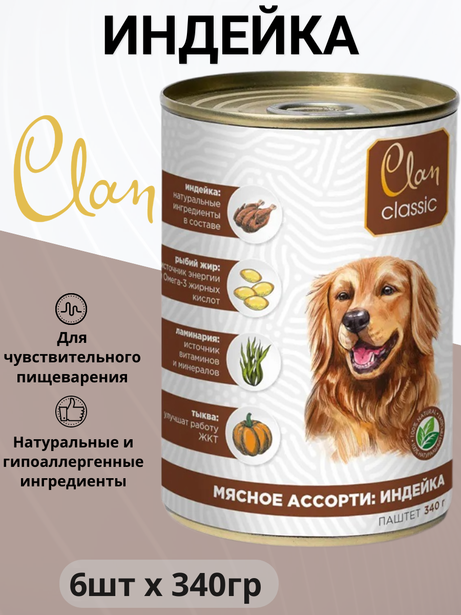 Корм консервированный CLAN CLASSIC мясное ассорти для любых собак с индейкой 6 шт х 340г