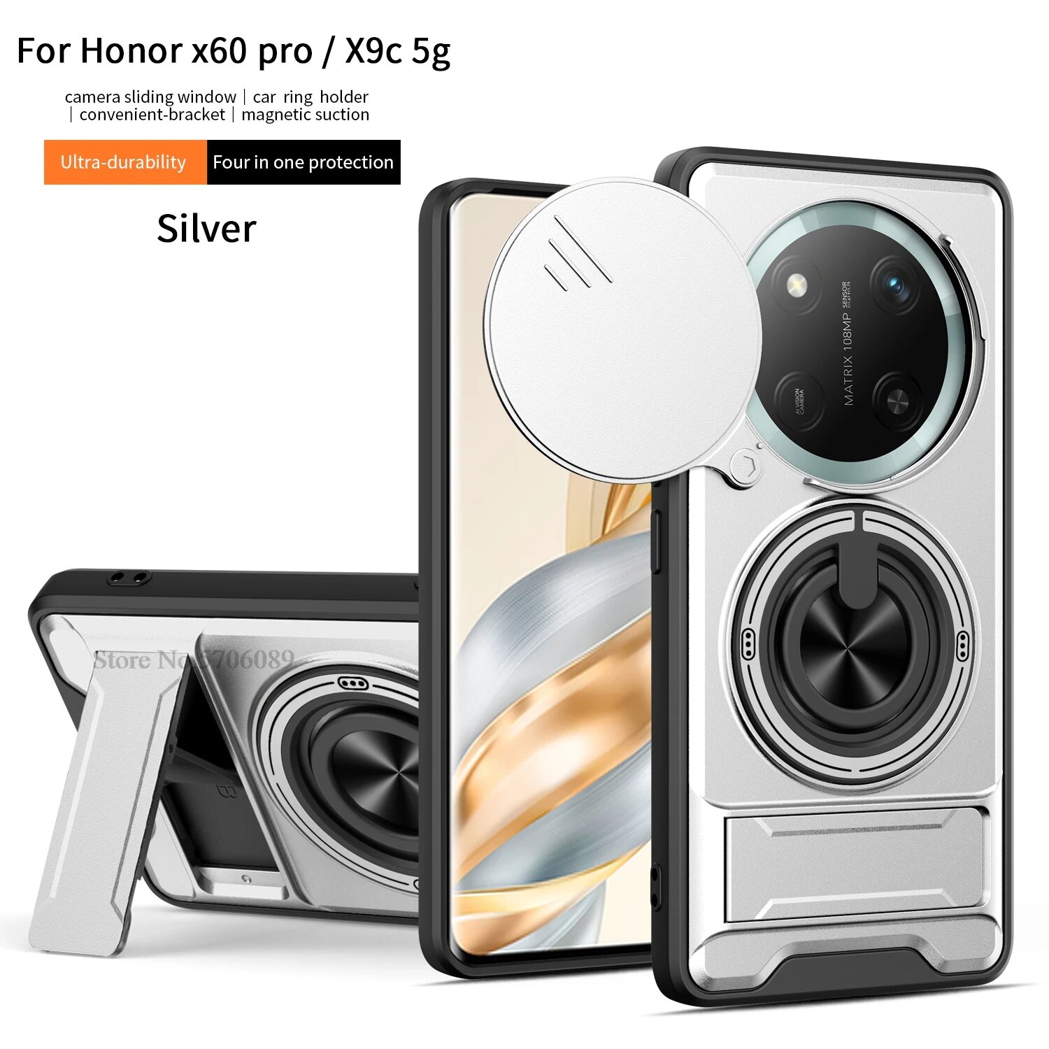 Чехол для Honor X60 Pro/X9C 5G, серебряный, с кольцом-держателем