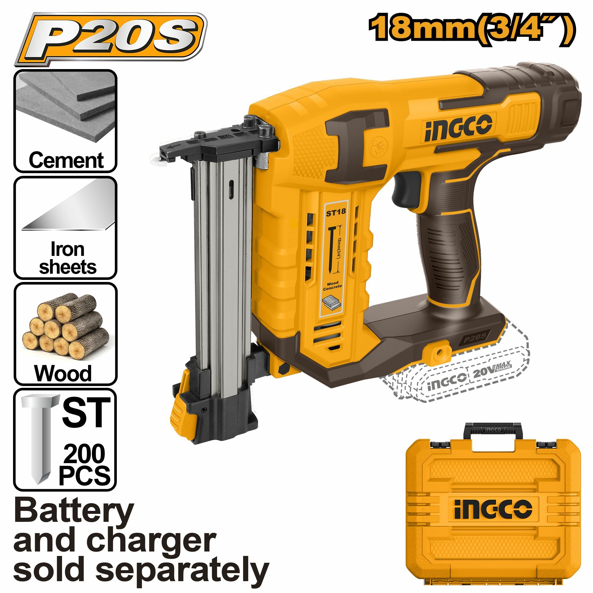 Нейлер аккумуляторный (гвоздезабиватель) 20 В ST 18 мм INGCO INDUSTRIAL CSTLI3805