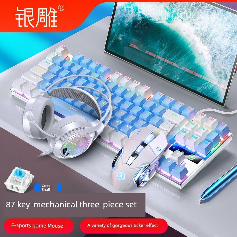 Синяя и белая механическая клавиатура с переключателем Cherry MX Blue, комплект клавиатура, мышь и наушники, 87 клавиш