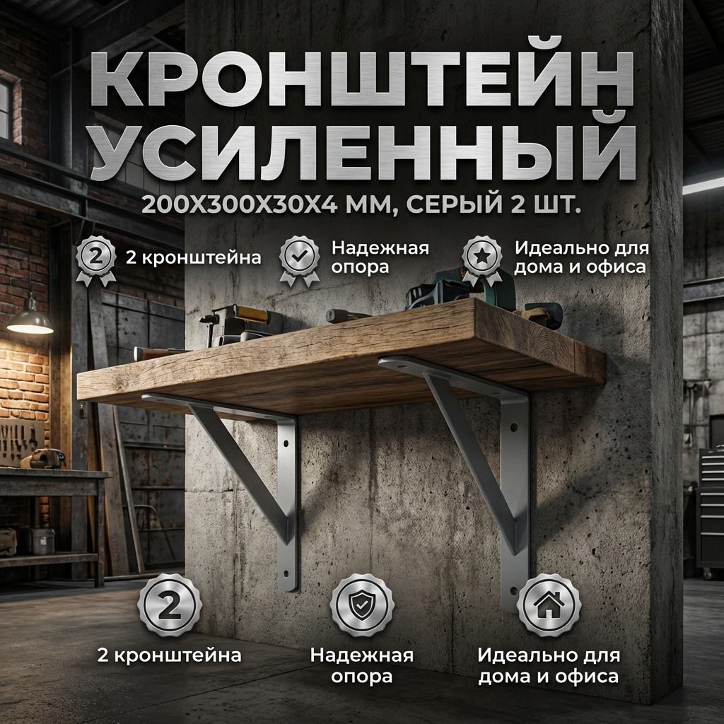 Кронштейн усиленный , промышленный для полок , 200х300х30х4мм, Серый 2шт.