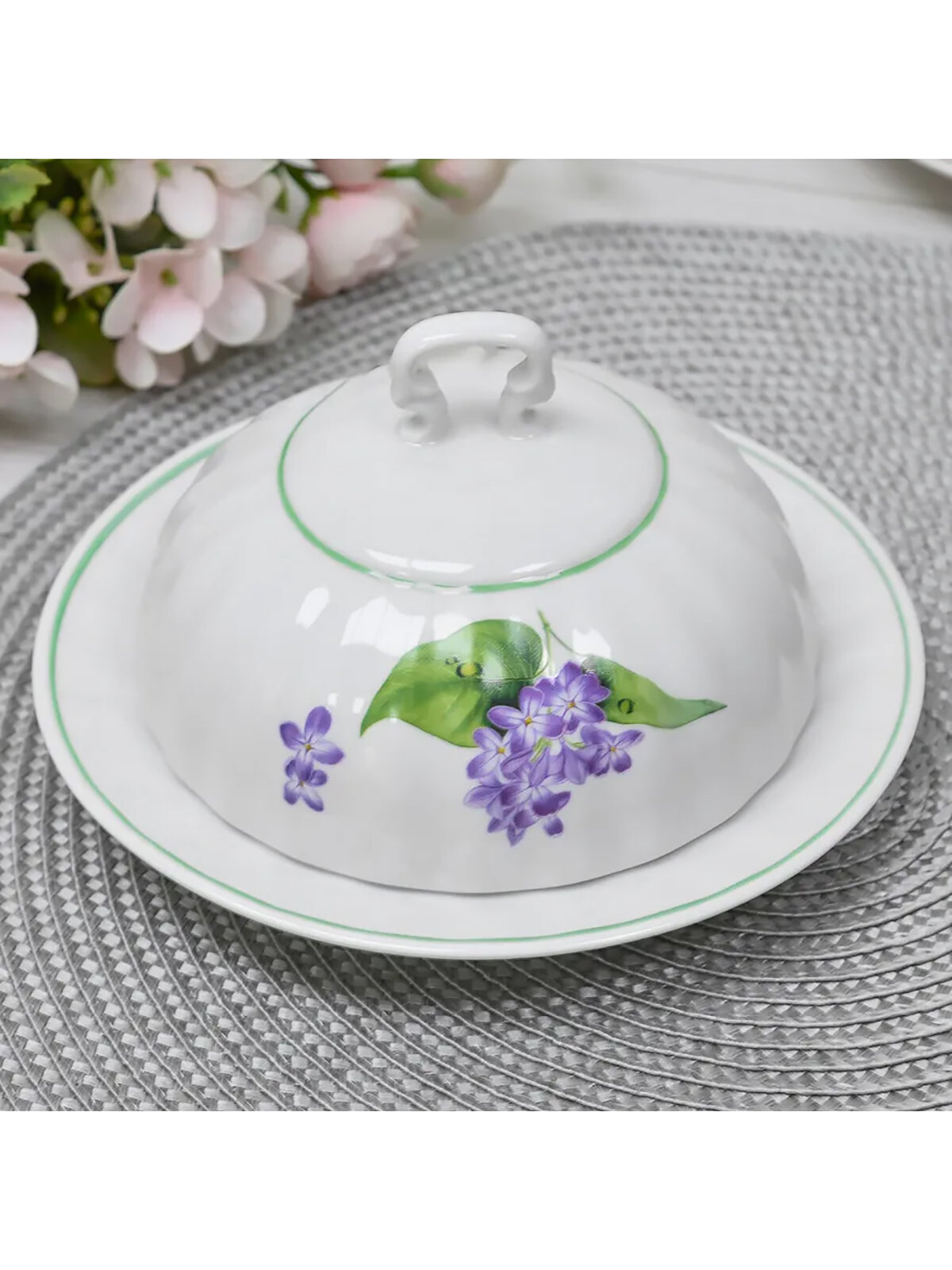 Масленка фарфоровая круглая 500 мл, диаметр 18 см, Добруш "Сирень"