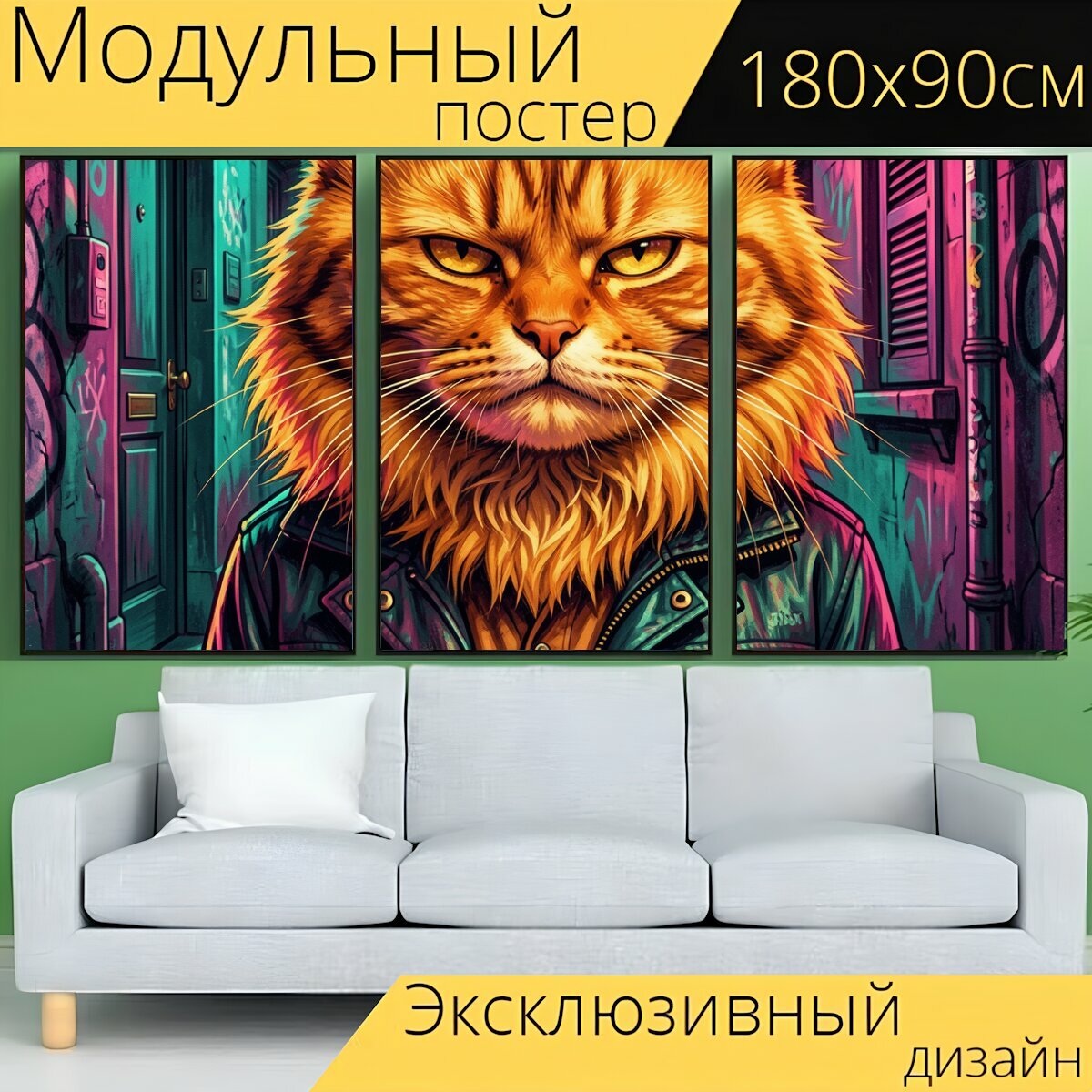 Модульный постер "Рыжий кот в неоновом переулке. Пушистый полосатый мурлыка в кожаной куртке на фоне ночной городской улицы с." 180 x 90 см. для интерьера на стену в тубусе