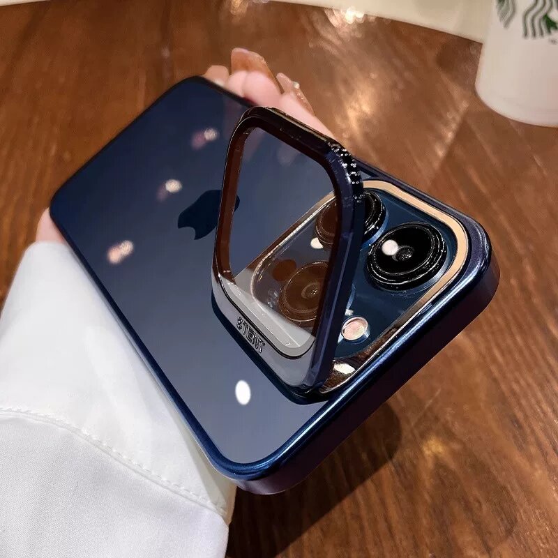 Чехол прозрачный для iPhone 15 Pro Max цвет титановый синий с встроенным штативом, ультра прозрачный и устойчивый к