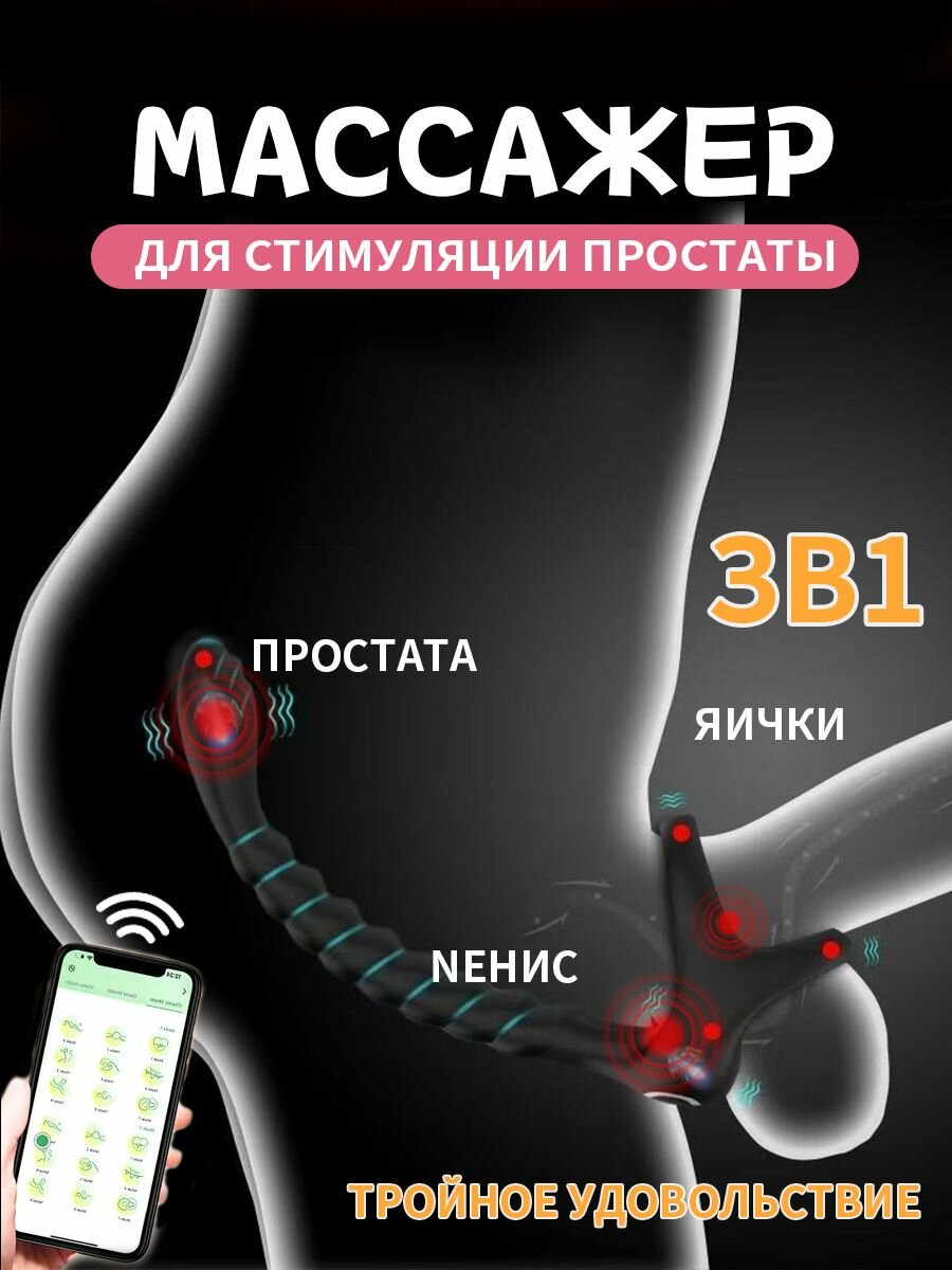Силиконовый анальный стимулятор-массажер простаты с вибрацией и кольцом: управление через приложение, для мужчин и пар, товары 18+
