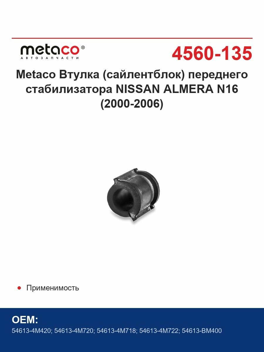 Metaco Втулка (сайлентблок) переднего стабилизатора NISSAN ALMERA N16 (2000-2006)