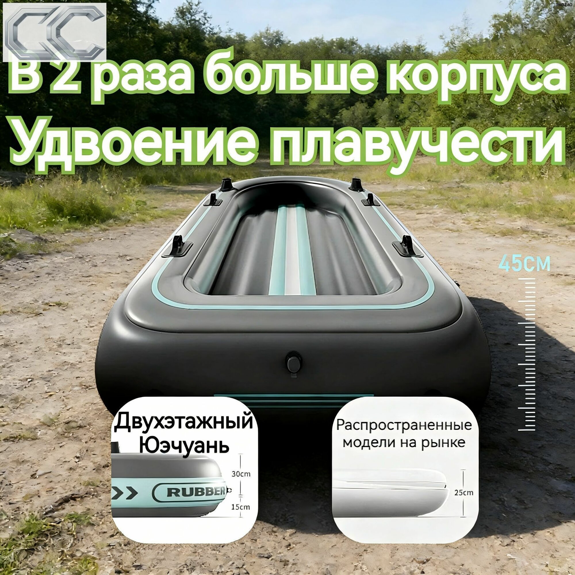 Надувная лодка (домик) с тремя камерами — Усиленное ПВХ дно, максимальная нагрузка 500 кг, площадь дна 4 м². Безопасная и стабильная лодка для рыбалки и отдыха на воде，Лодка, 200 см — фото 1