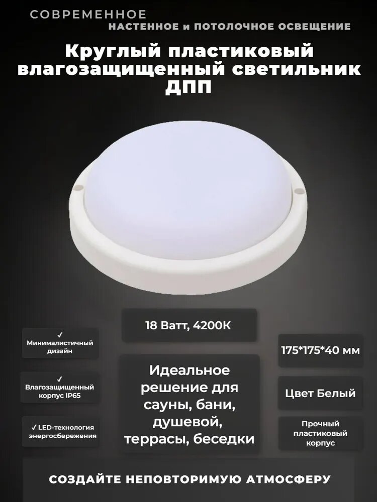 Светильник влагозащищенный IP65 ДПП круглый, пластиковый, белый, 4200К, 18Вт