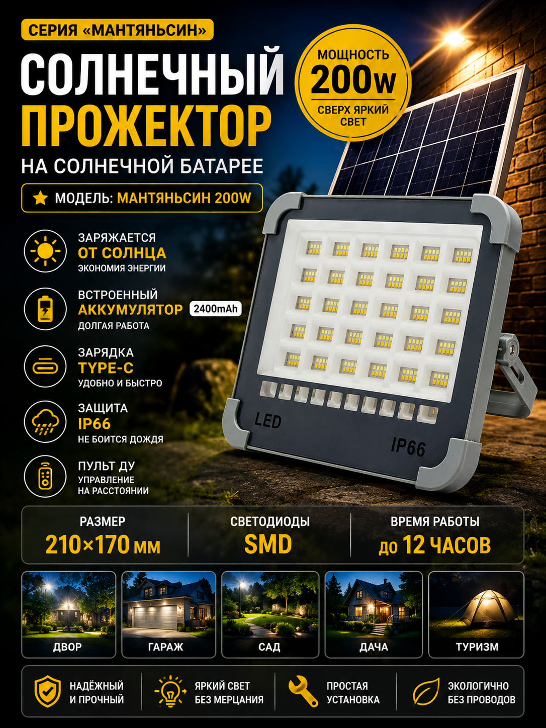 Солнечный прожектор 200 Вт LED, IP66, с пультом и солнечной панелью