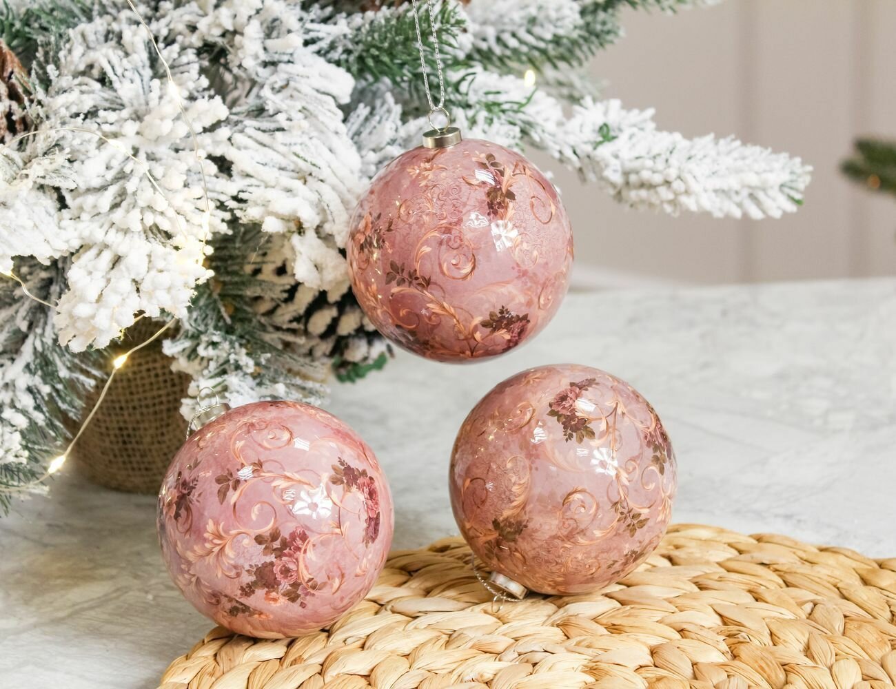 Набор ёлочных шаров розовое барокко, папье-маше, 8 см, 3 шт, Koopman International APF478540-набор-1