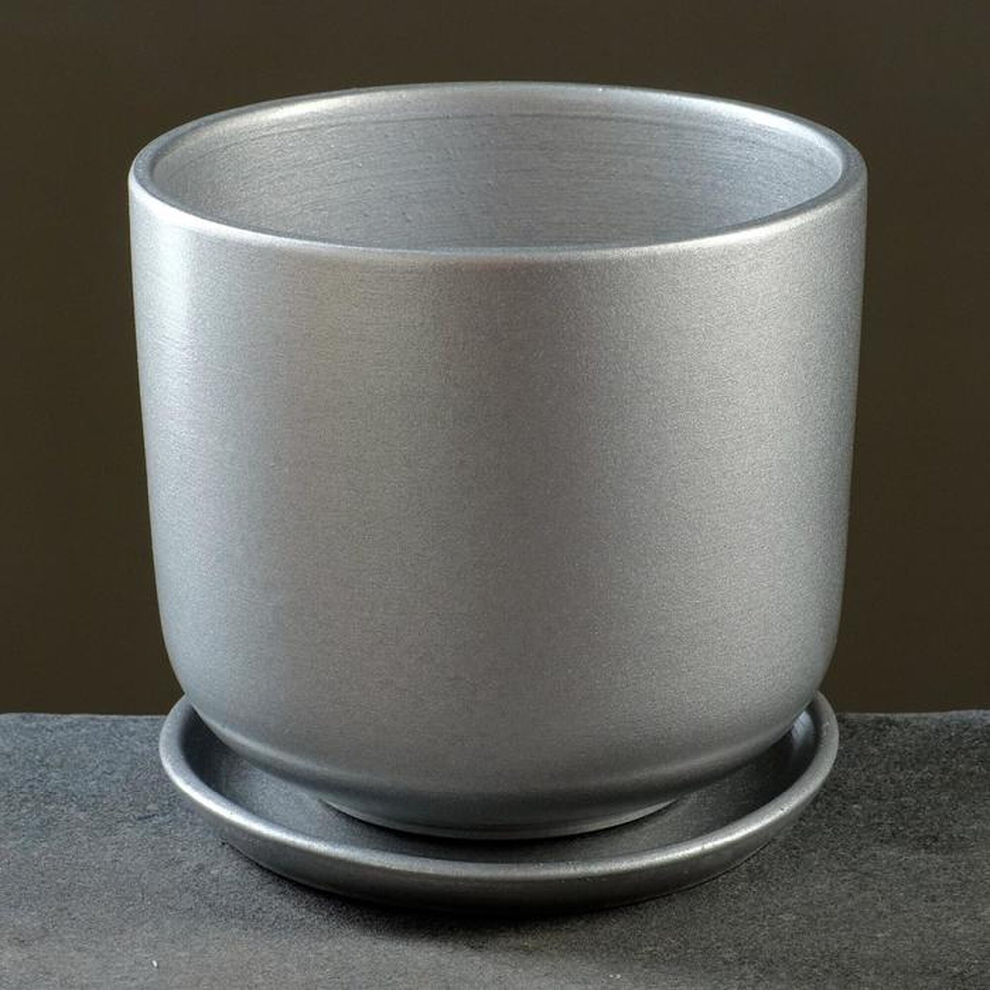 Горшок для цветов «Металлик №3», керамический, с поддоном, 1.6 л, d=15 см, серый