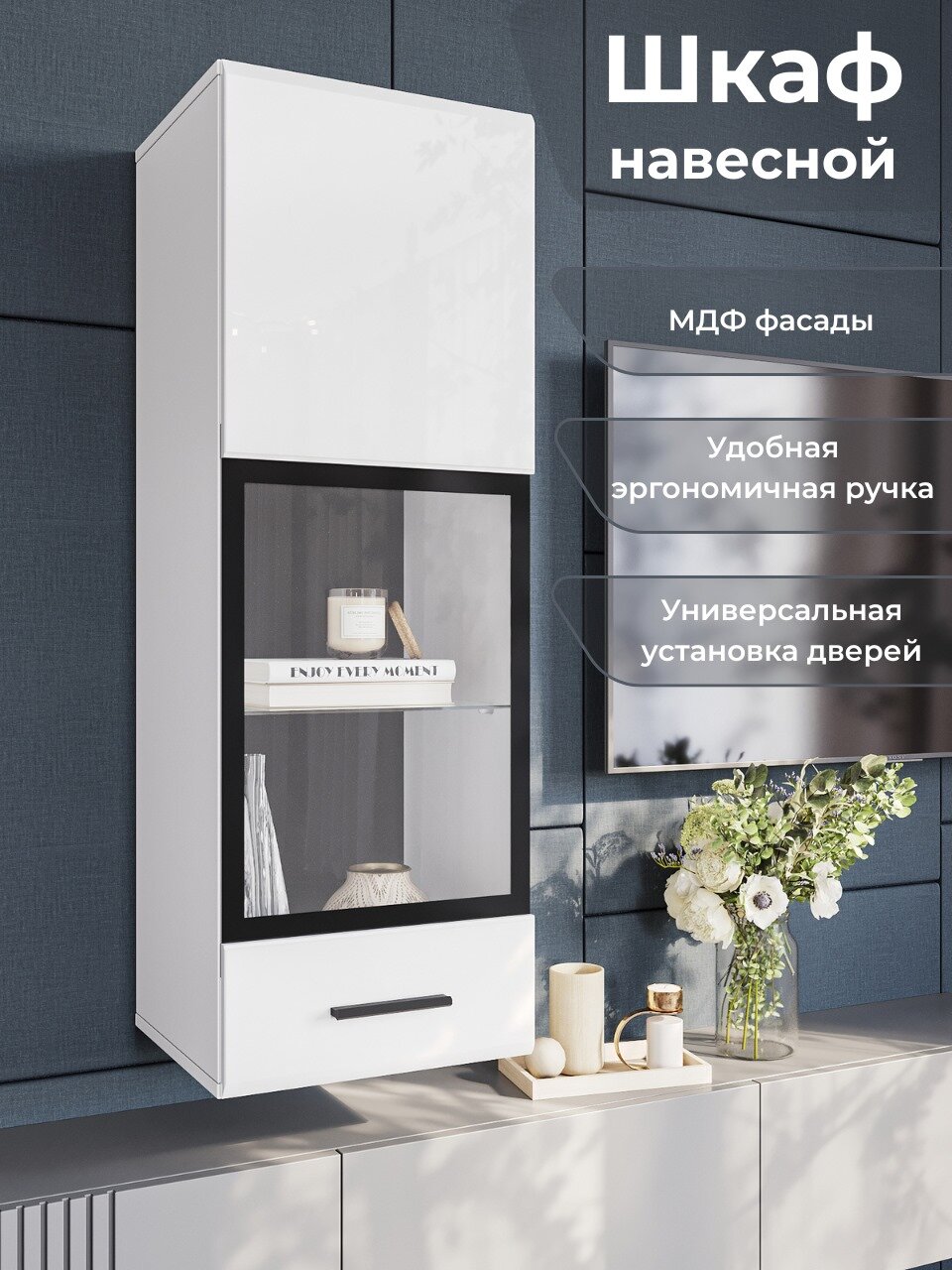 Шкаф-витрина навесной со стеклом Gloss ТИП 2, Белый, 38х110х35,6 (ШхВхГ)