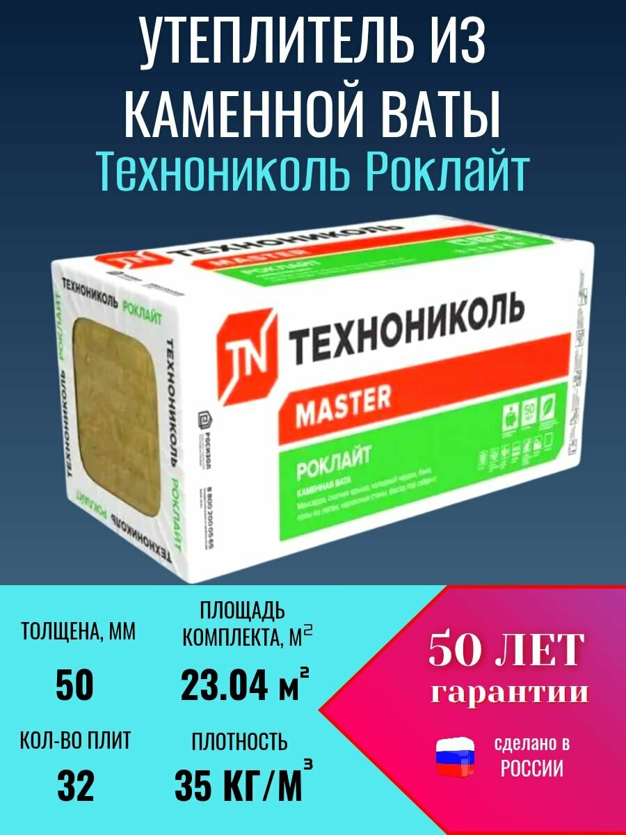 Утеплитель из каменной ваты Технониколь Роклайт 1200х600х50, 32 плиты, 23.04 м2 / базальтовый утеплитель