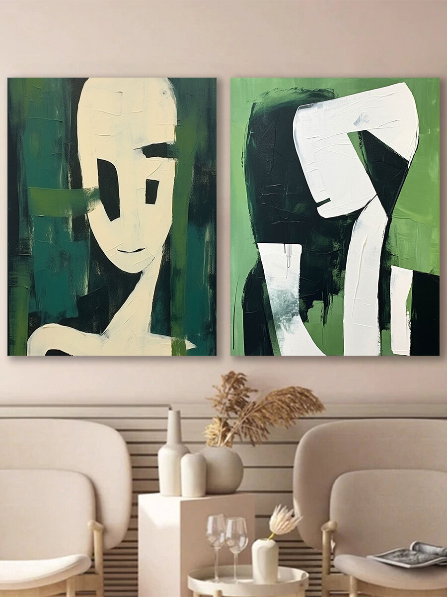 Модульные картины на стену / диптих - "Зеленая абстракция, минимализм, лица и силуэты", картина 2 шт, модуль 40х60 см