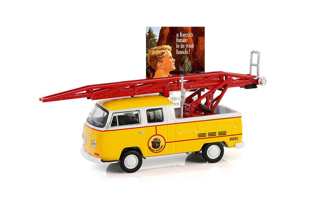 Vw volkswagen T2 пикап с двойной кабиной с лестницей "a forest's future is in your hands!" 1968 yellow/white/red (длина модели 6-10 см)