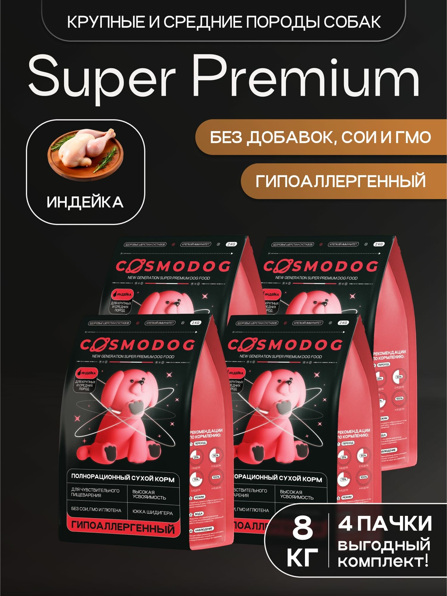 Корм для собак сухой Cosmodog с индейкой 8 кг, гипоаллергенный холистик супер премиум-класса для крупных и средних пород