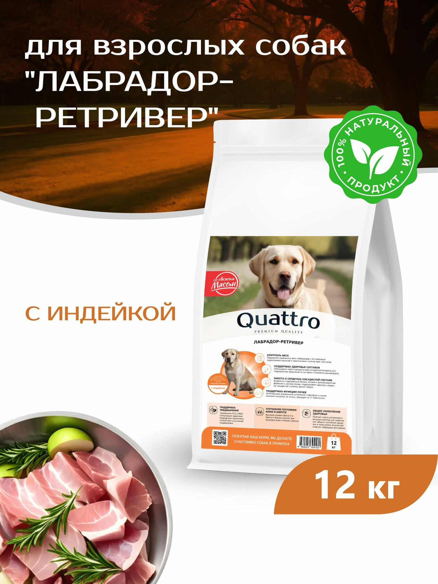 Quattro корм для взрослых собак породы Лабрадор-ретривер, с индейкой 12 кг